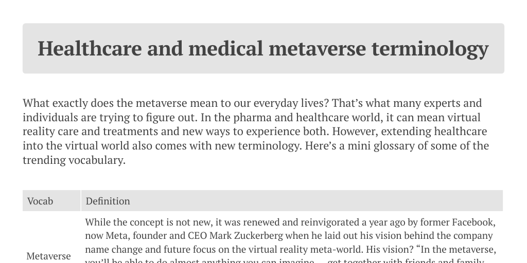 Healthcare and medical metaverse terminology - Infogram